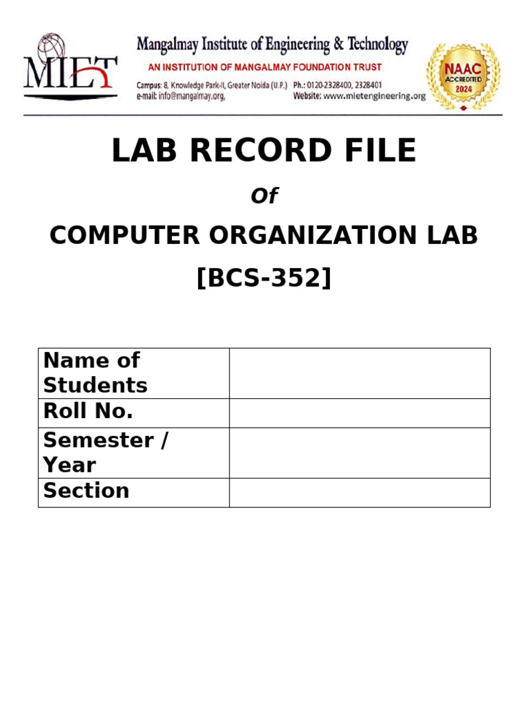 Lab Record File: Computer Organization Lab (BCS-352) | PDF