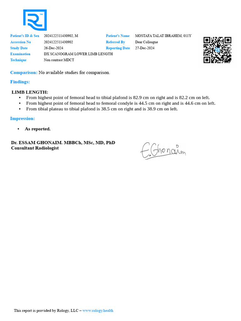 Urology Scanogram Report for Limb Length | PDF | Lower Limb Anatomy ...