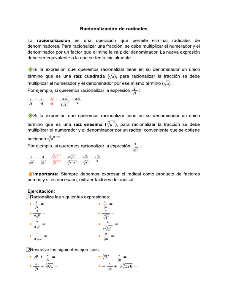 Racionalización de Radicales | PDF | Objetos matemáticos | Números