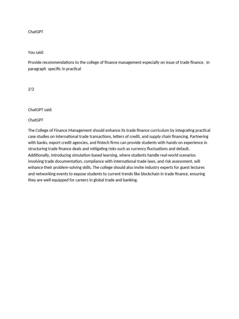 Trade Finance Curriculum Recommendations | PDF