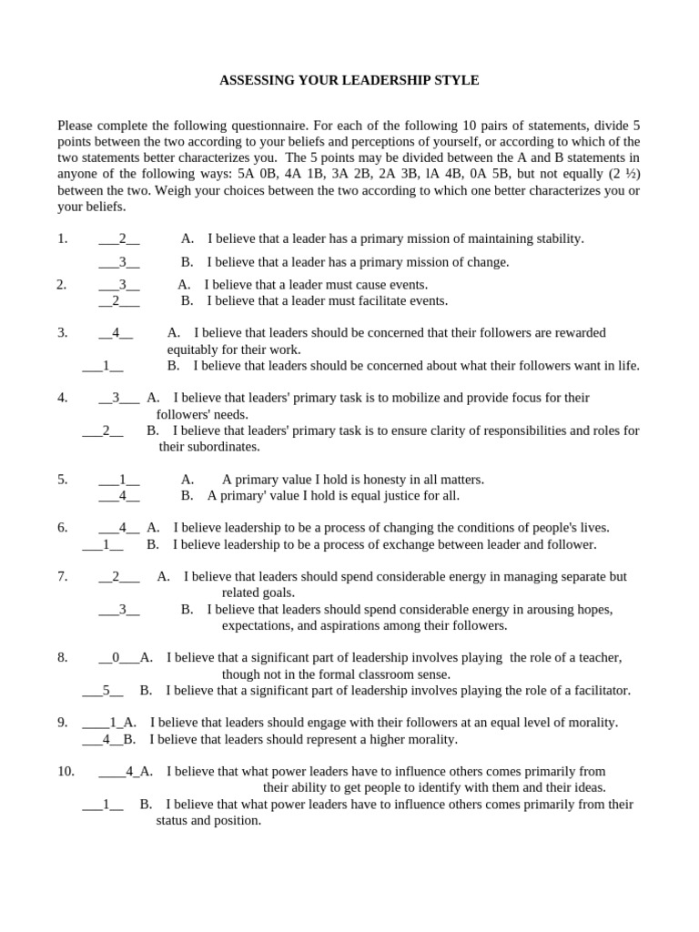 ASSESSING YOUR LEADERSHIP STYLE Exercise (4) - 1 | PDF | Leadership ...