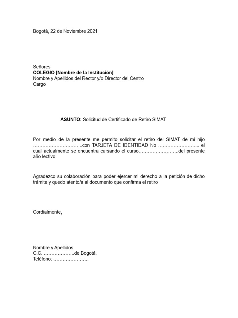 Carta Certificado Retiro SIMAT Modelo | PDF