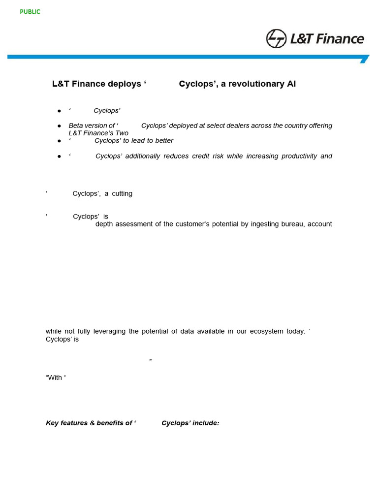 L T Finance Deploys Project Cyclops A Revolutionary AI Driven Next Gen ...