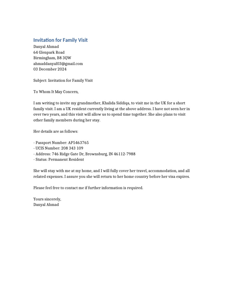 Invitation For Family Visit | PDF