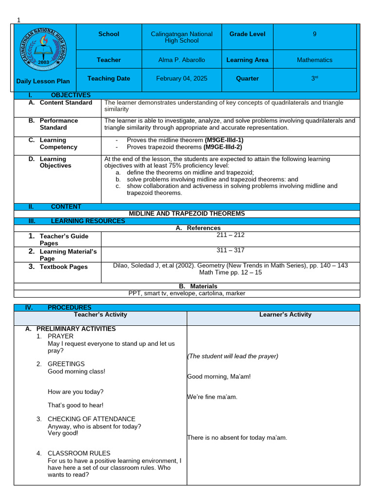 Midline and Trapezoid Theorems Lesson Plan | PDF | Euclidean Geometry ...