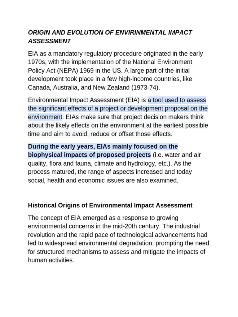 EIA As A Mandatory Regulatory Procedure Originated in The Early 1970s ...