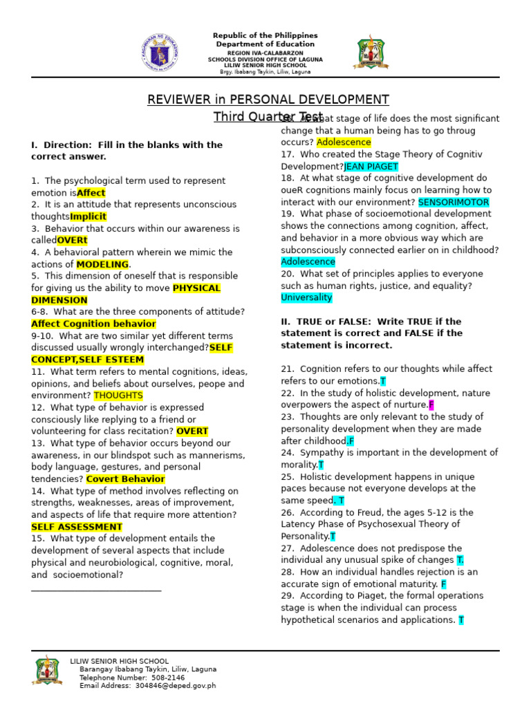 Personal Development Reviewer Guide | PDF | Thought | Stress (Biology)