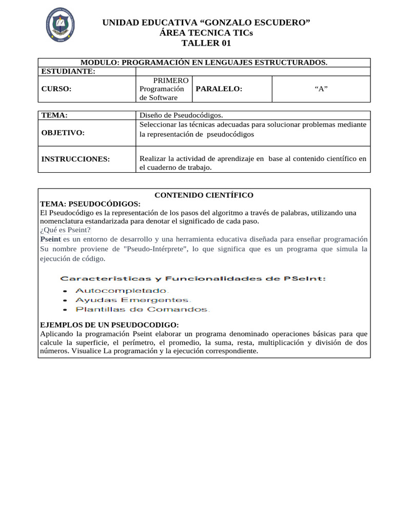 TALLER 01 Programacion en L.E. | PDF