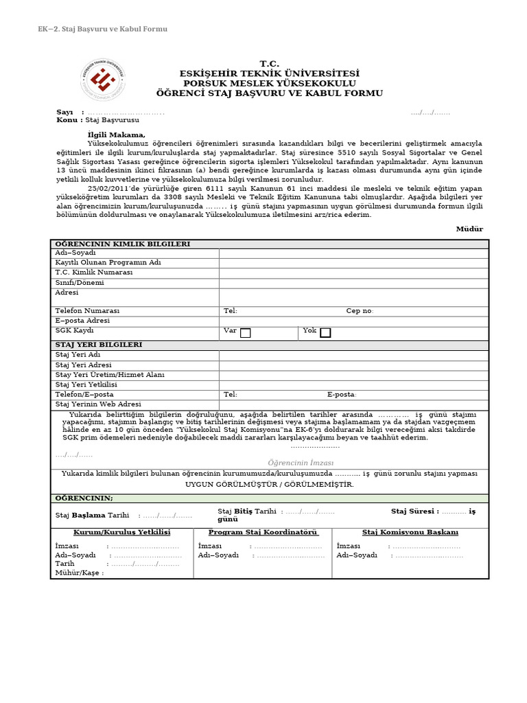 Staj-2-Staj Başvuru Ve Kabul Formu-Ek2 | PDF