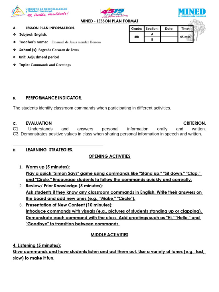 Plan.1 4th Grade Unit 1 | PDF | Lesson Plan | Learning