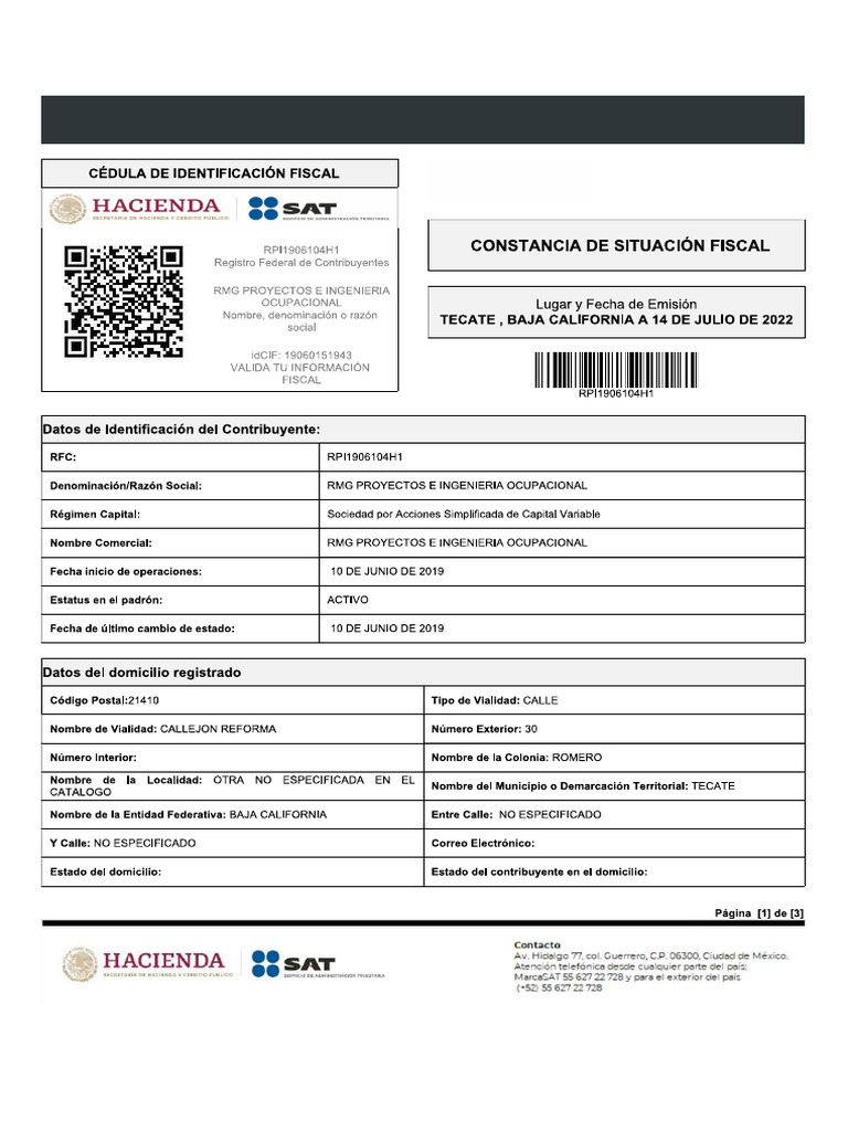 Constancia de Situacion Fiscal Julio RMG 2022 | PDF