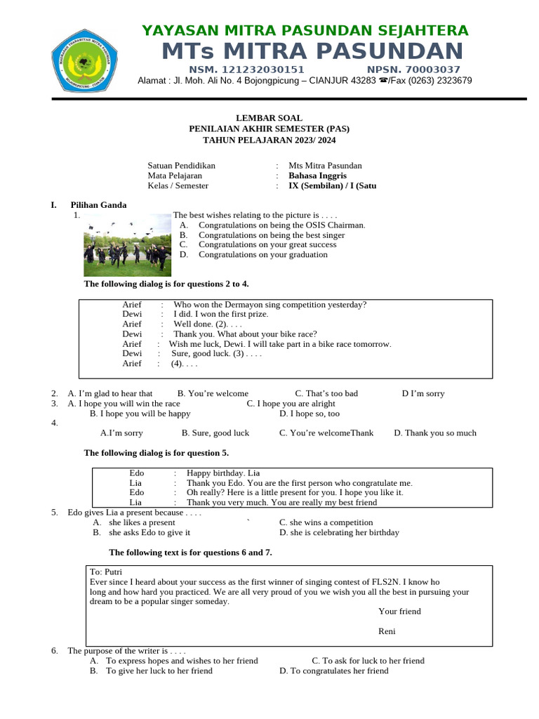 Soal PAS B.Ing Kelas 9 | PDF