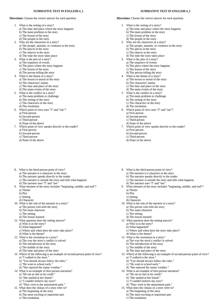 English 4 Story Elements Test | PDF | Narration