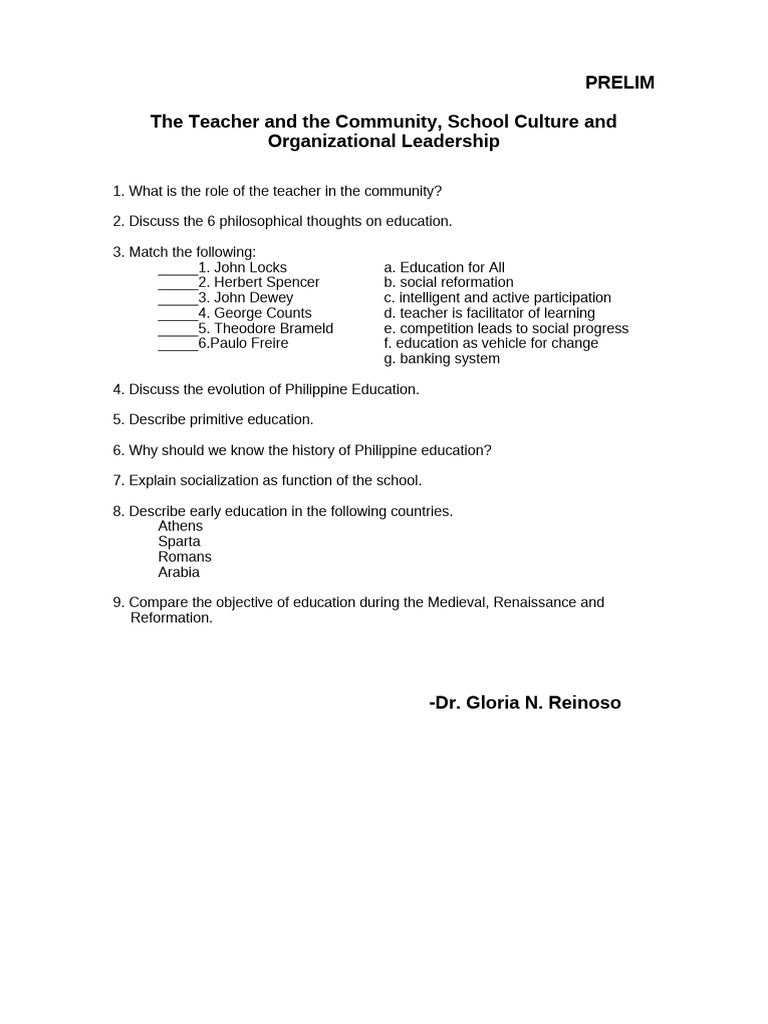 Prelim The Teacher and The Community Study Question Handouts | PDF | Learning | John Dewey