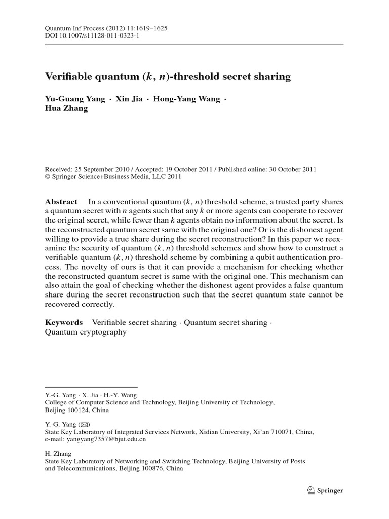 2011-Verifiable Quantum (K, N) - Threshold Secret Sharing | PDF | Secrecy | Computer Science