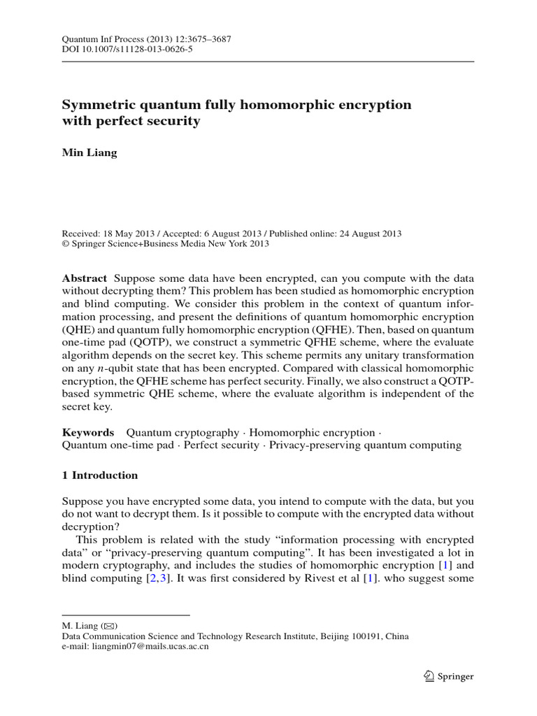 2013-Symmetric Quantum Fully Homomorphic Encryption With Perfect Security | PDF | Key ...