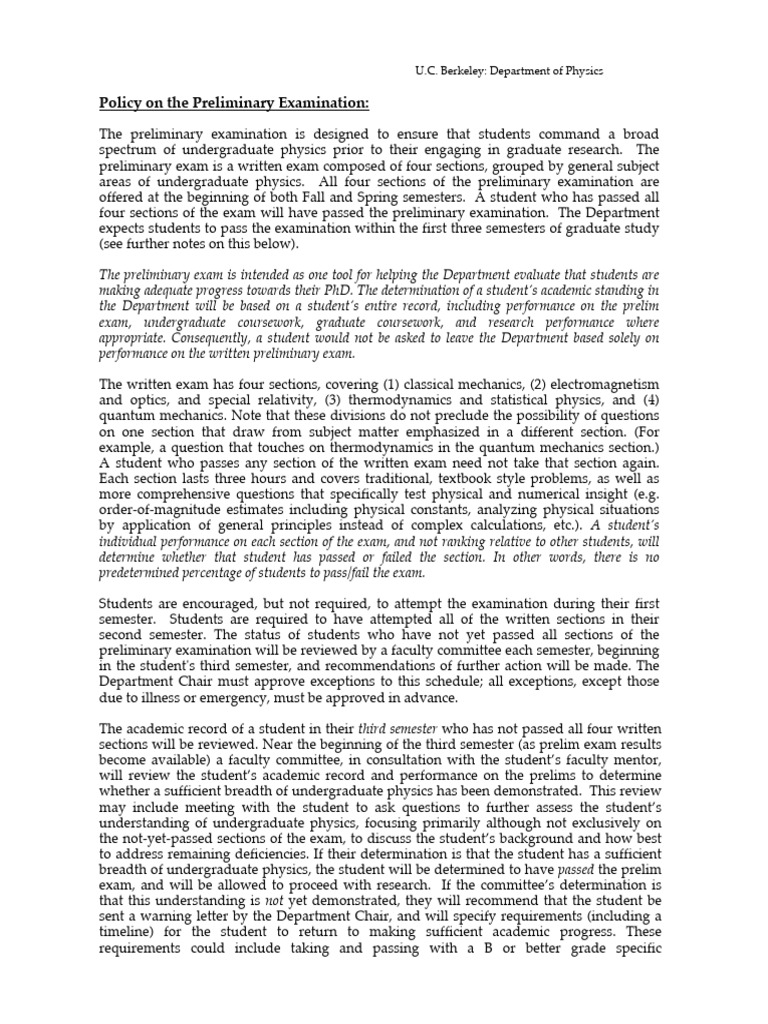 UC Berkeley Physics Preliminary Exam Entering Graduate Students Policy ...
