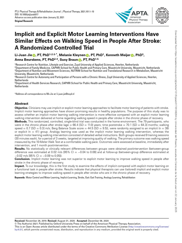 Implicit and Explicit Motor Learning | PDF | Stroke | Physical Therapy