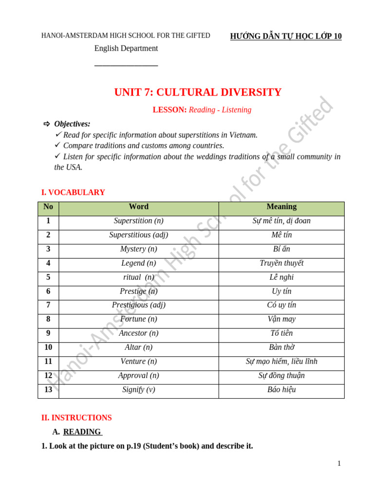 Huong Dan Tu Hoc Lop 10 - Unit 7 Reading - Listening | PDF | Amish