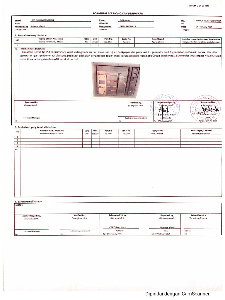 BA Open Kerusakan ACB Auxiliary Engine MT QQ | PDF
