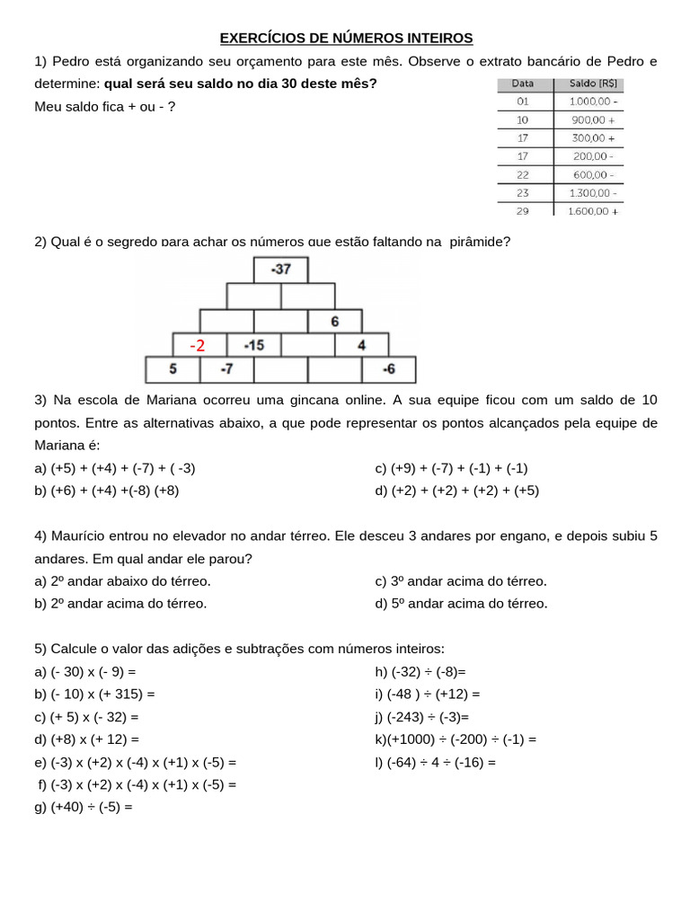 Exercícios Práticos de Números Inteiros | PDF