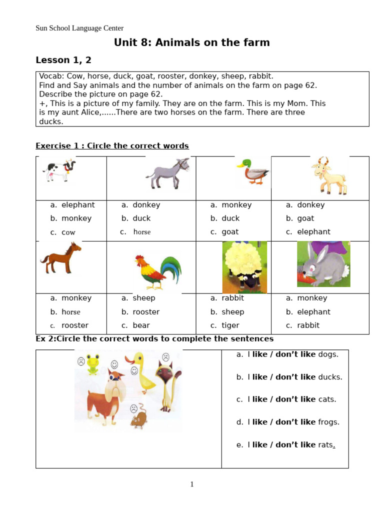 Farm Animals Vocabulary and Exercises | PDF