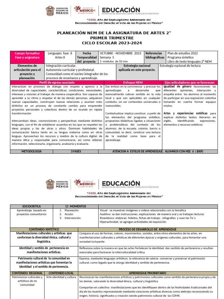 Planeación Artes 2° NEM 2023-2024 | PDF | Color | Evaluación