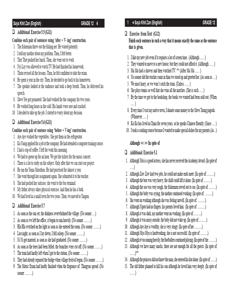 Grade 12 English Sentence Exercises | PDF | Color
