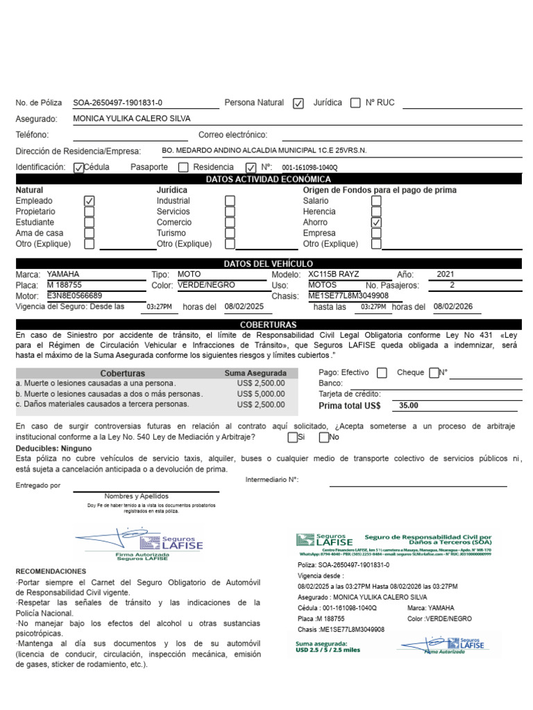 FormatoSOA - MONICA YULIKA CALERO SILVA 19799799 - 20250208 - 032720 | PDF | Póliza de seguros ...