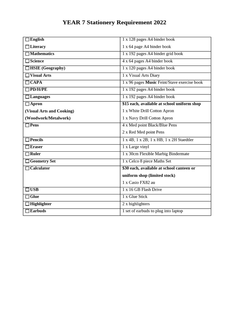 Year_7_Stationary_Requirement_2022 | PDF