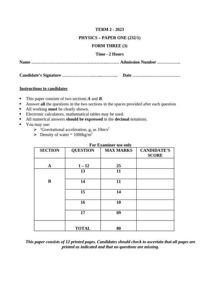 2023 PHYSICS F3 P1 QS T2 Exam Teacher - Co - .Ke | PDF