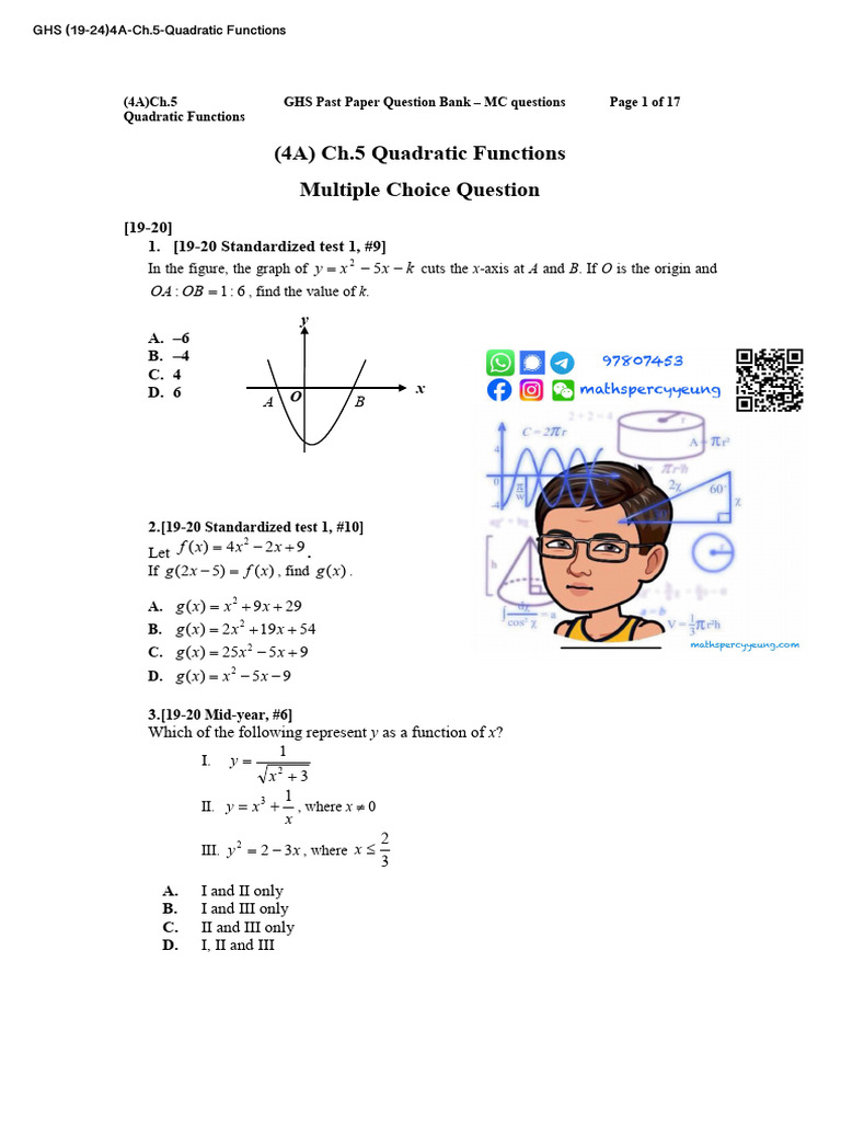 GHS Quadratic Functions MCQ Bank | PDF | Cartesian Coordinate System | Area