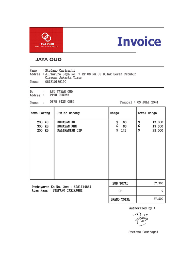 Invoice Pembayaran Barang Stefano Casiraghi | PDF
