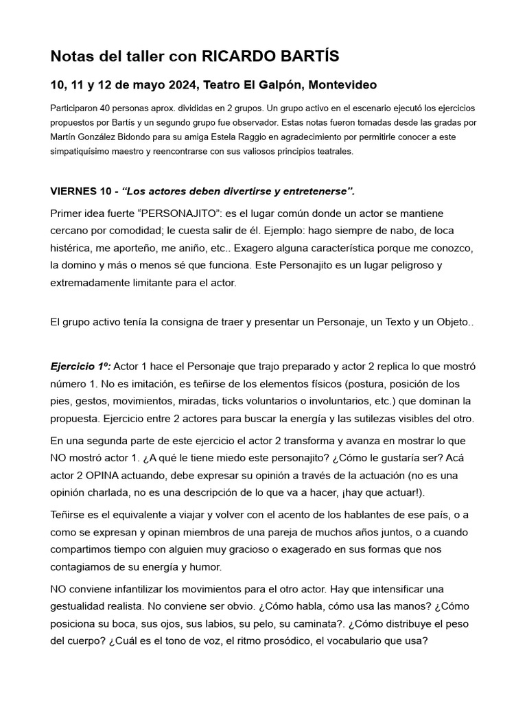 TALLER BARTÍS Notas Martín González Bidondo | PDF | Teatro | Actor
