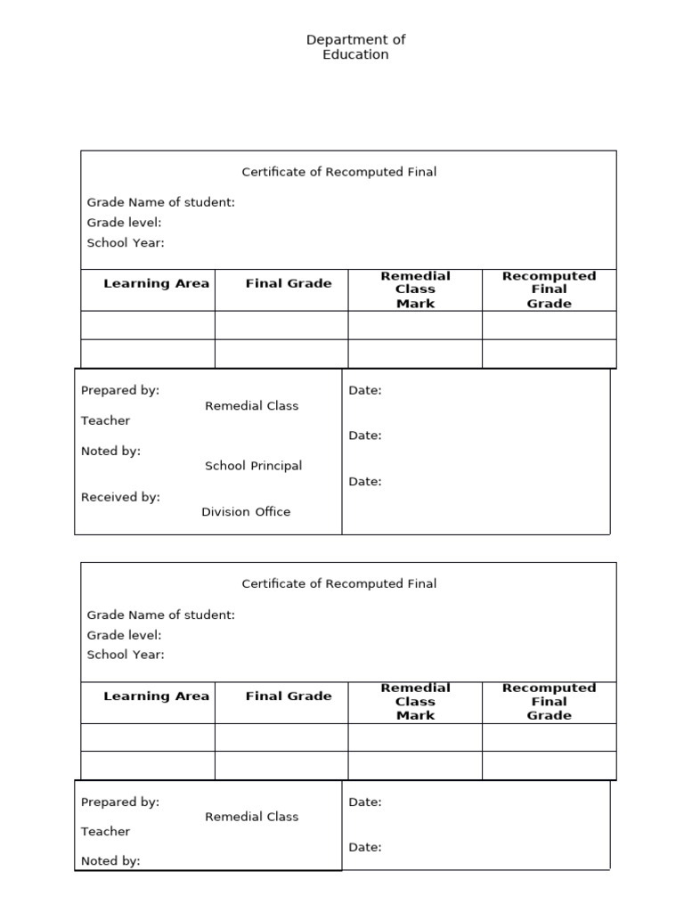 Certificate of Recomputed Final Grade | PDF