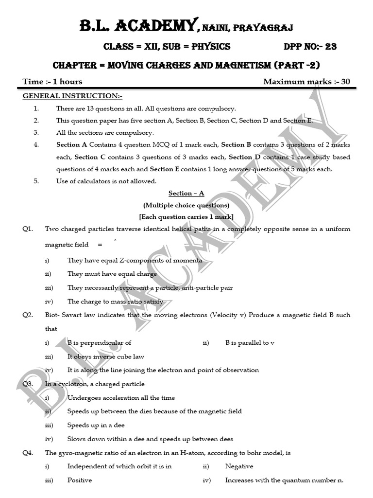 Physics 12th (Magnetism and Matter) (Part - 2) (DPP-25) (11!09!24) | PDF | Force | Electron