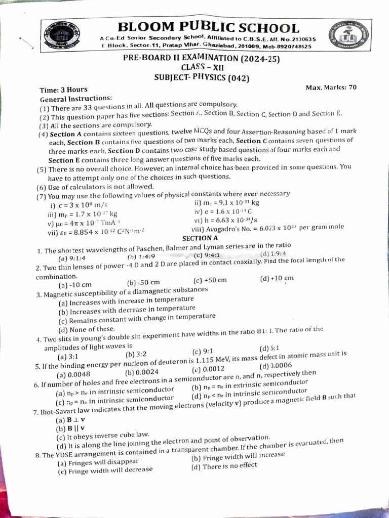 Class XII Physics Exam Paper | PDF | Semiconductors | Physics