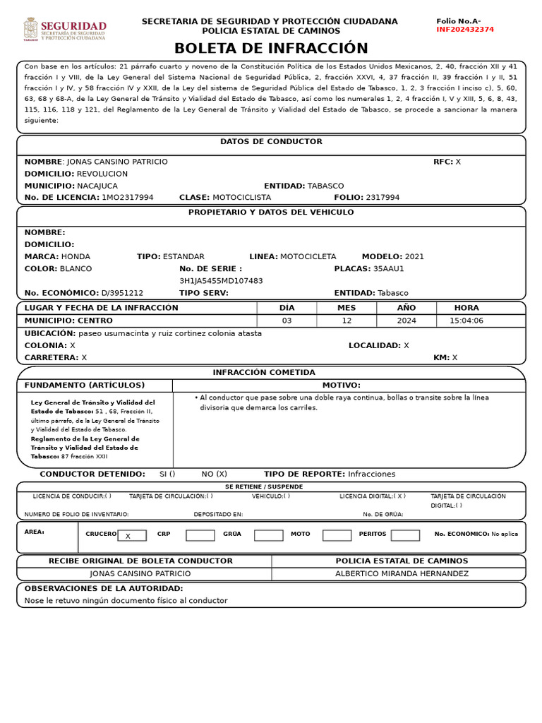 Boleta de Infracción de Tránsito Tabasco | PDF | Multa (pena) | Justicia
