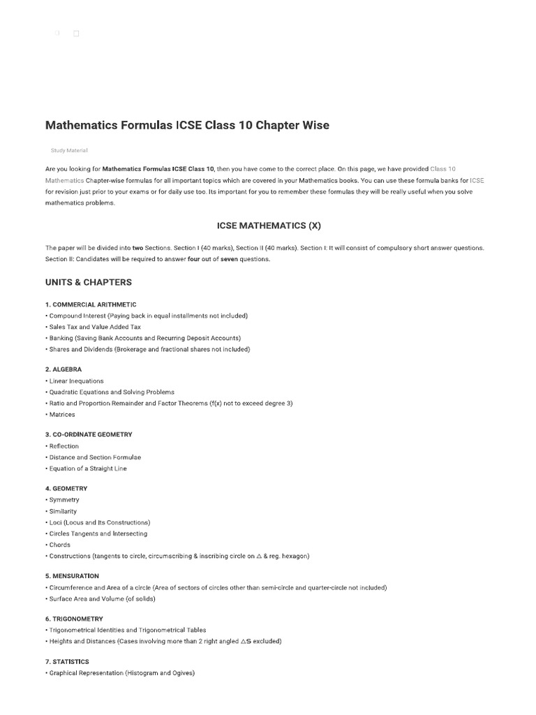 Mathematics Formulas ICSE Class 10 | PDF