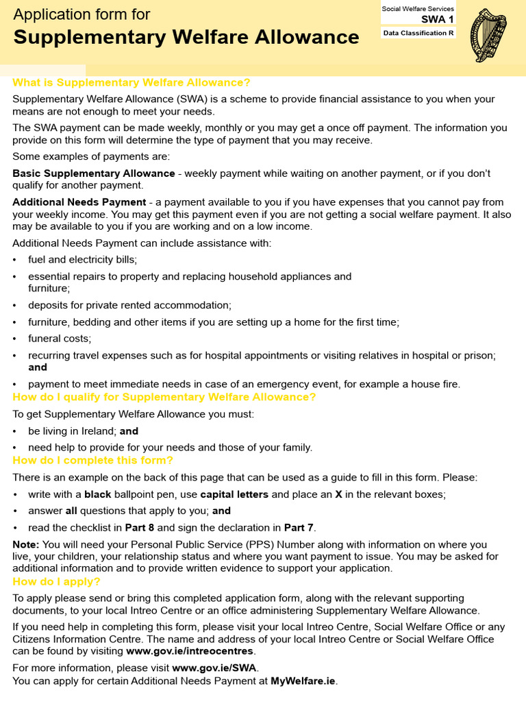 Application Form - Supplementary Welfare Allowance (SWA1) | PDF ...