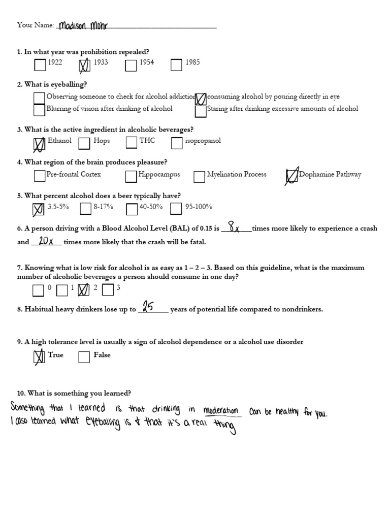 Alcohol Worksheet | PDF