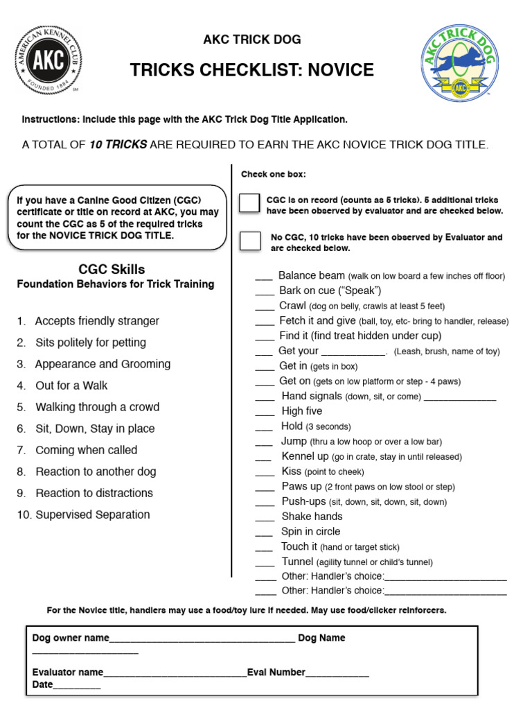 Trick Dog Title NOVICE Checksheets | PDF | American Kennel Club | Dogs