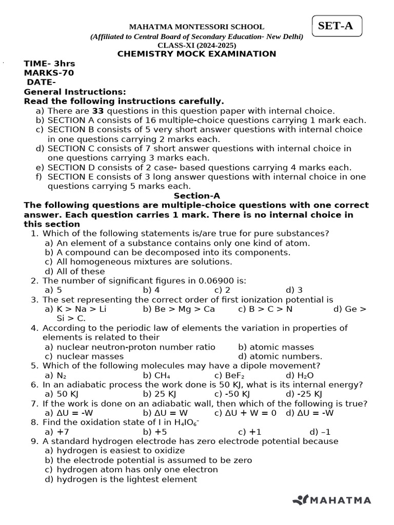 11 Final Mock 24 Set-A (1) G | PDF | Mole (Unit) | Chemical Bond