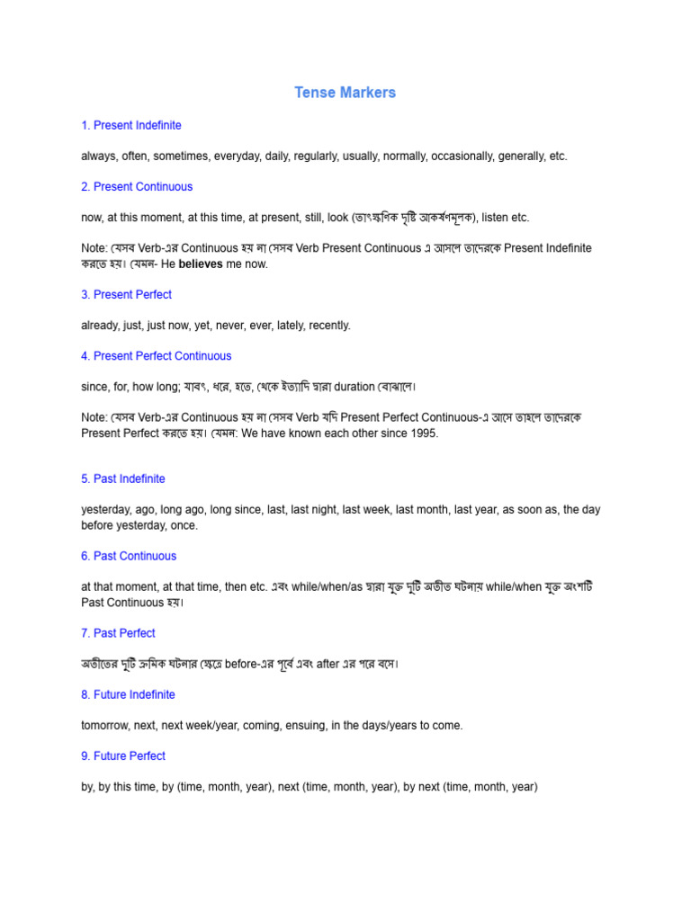 Tense Markers Note | PDF