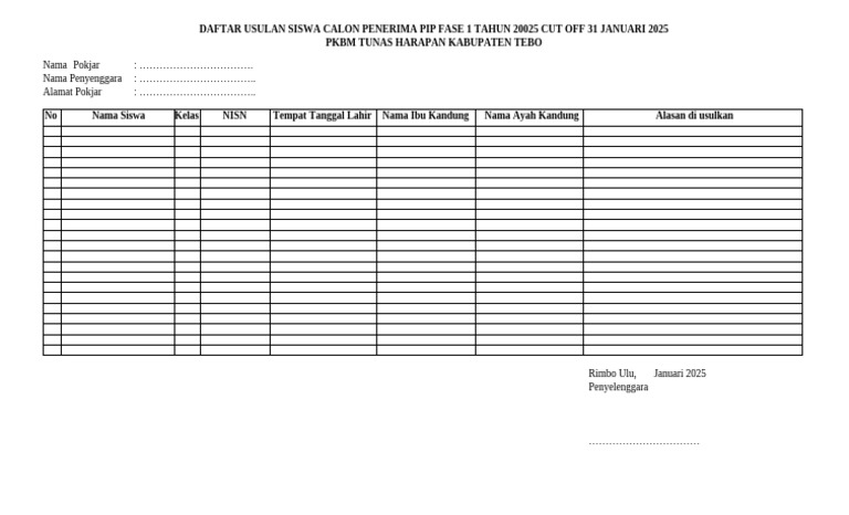 Format Siswa Calon Penerima PIP Fase 1 Tahun 2025 | PDF