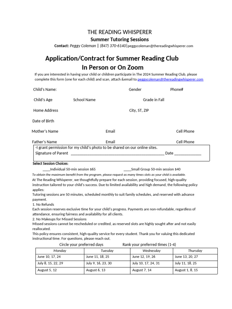 Summer Reading Club Registration Form | PDF