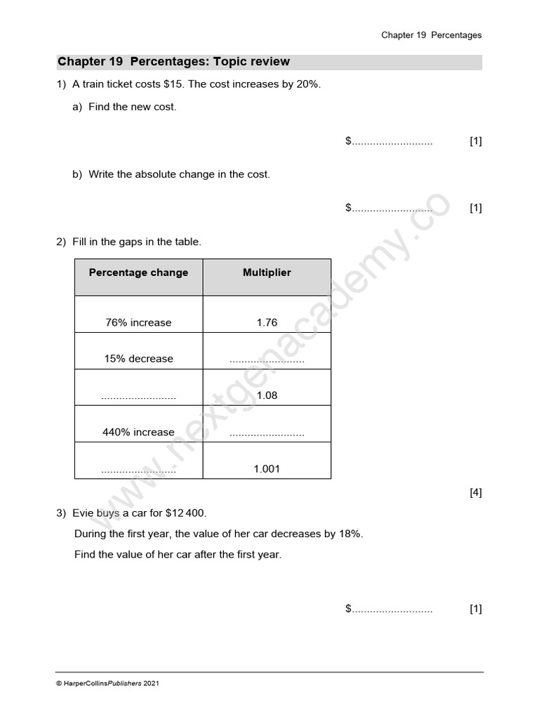 Percentages Exercise - Nextgen | PDF