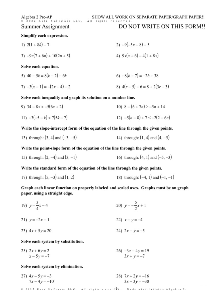 Advanced Algebra 2 Summer Assignment | PDF | Algebra | Mathematical Objects
