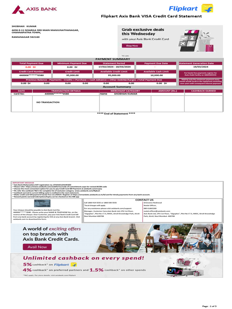 AXIS Bank Credit Card Statement | PDF | Credit Card | Payments