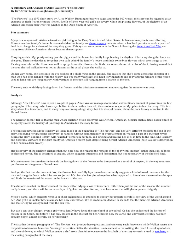 A Summary and Analysis of Alice Walker's The Flowers | PDF